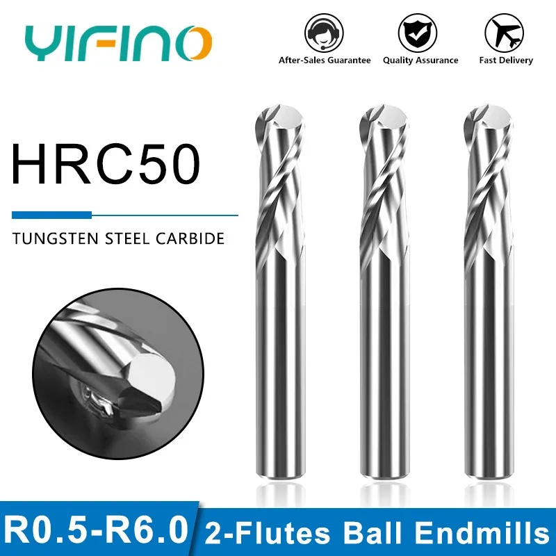 YIFINO-HRC50-2-Flute-Ball-Nose-End-Mill-Tungsten-Steel-Carbide-For ...