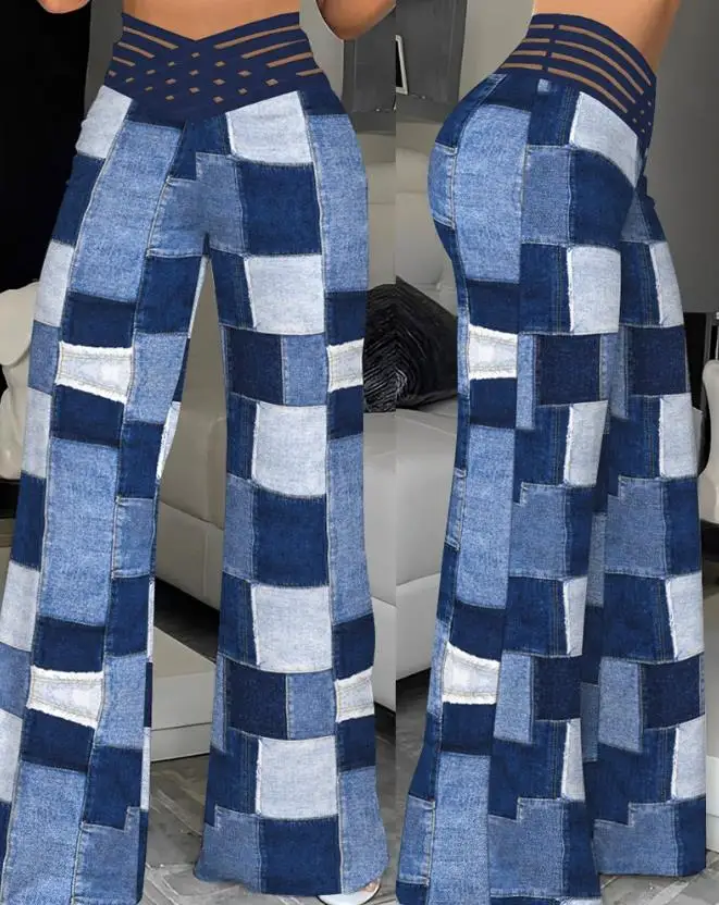 Pantalones-de-mezclilla-con-estampado-para-mujer-pantal-n-informal-de-cintura-alta-acampanado-a ...