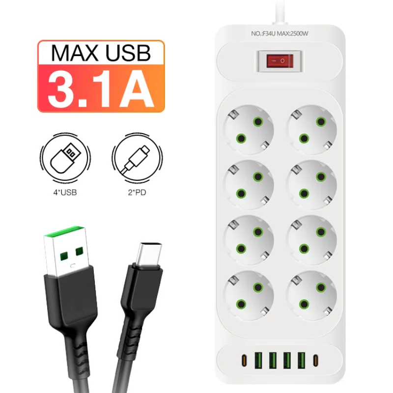 EU-Plug-Power-Strip-Extension-Cable-Multiprise-8-AC-Outlets-Electrical ...