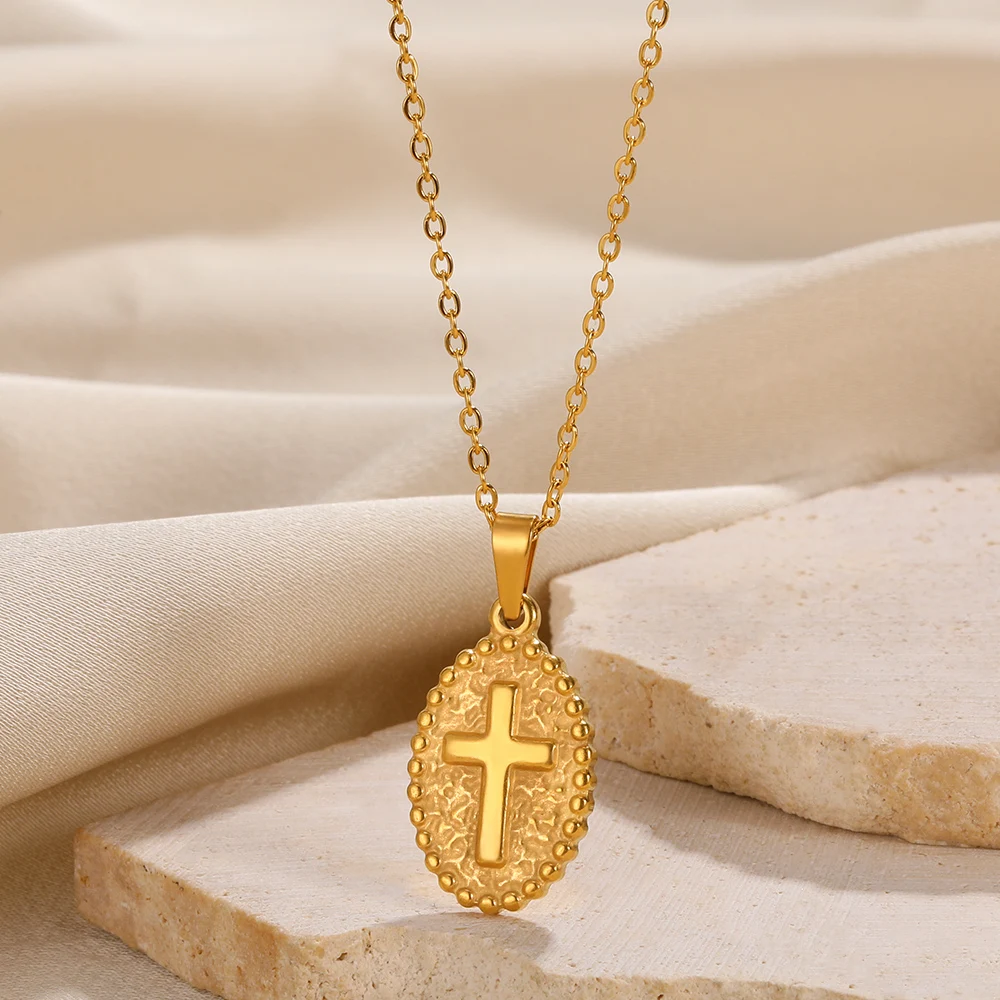 Vintage Oval Cross Necklace For Women Gold Color Stainless Steel ...