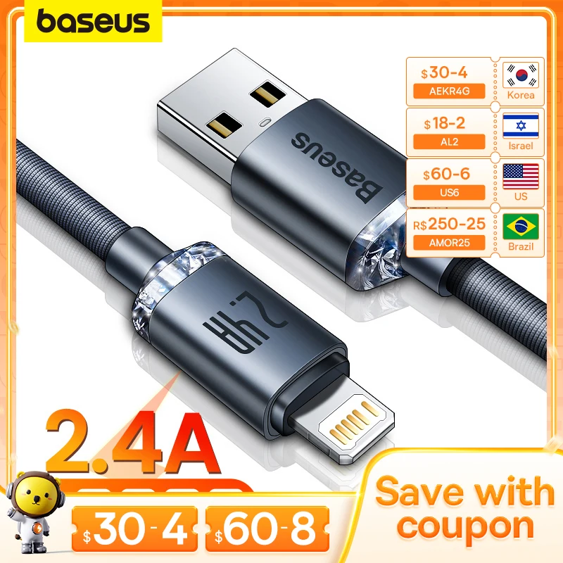 Baseus Cabo USB para iPhone 14, 13, 12, Pro, Max, X, XR, XS, 8, 7, 6s ...