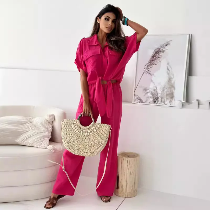 New-Summer-Women-Two-Piece-Set-Casual-Lapel-Short-Sleeved-Lace-Up-Top ...