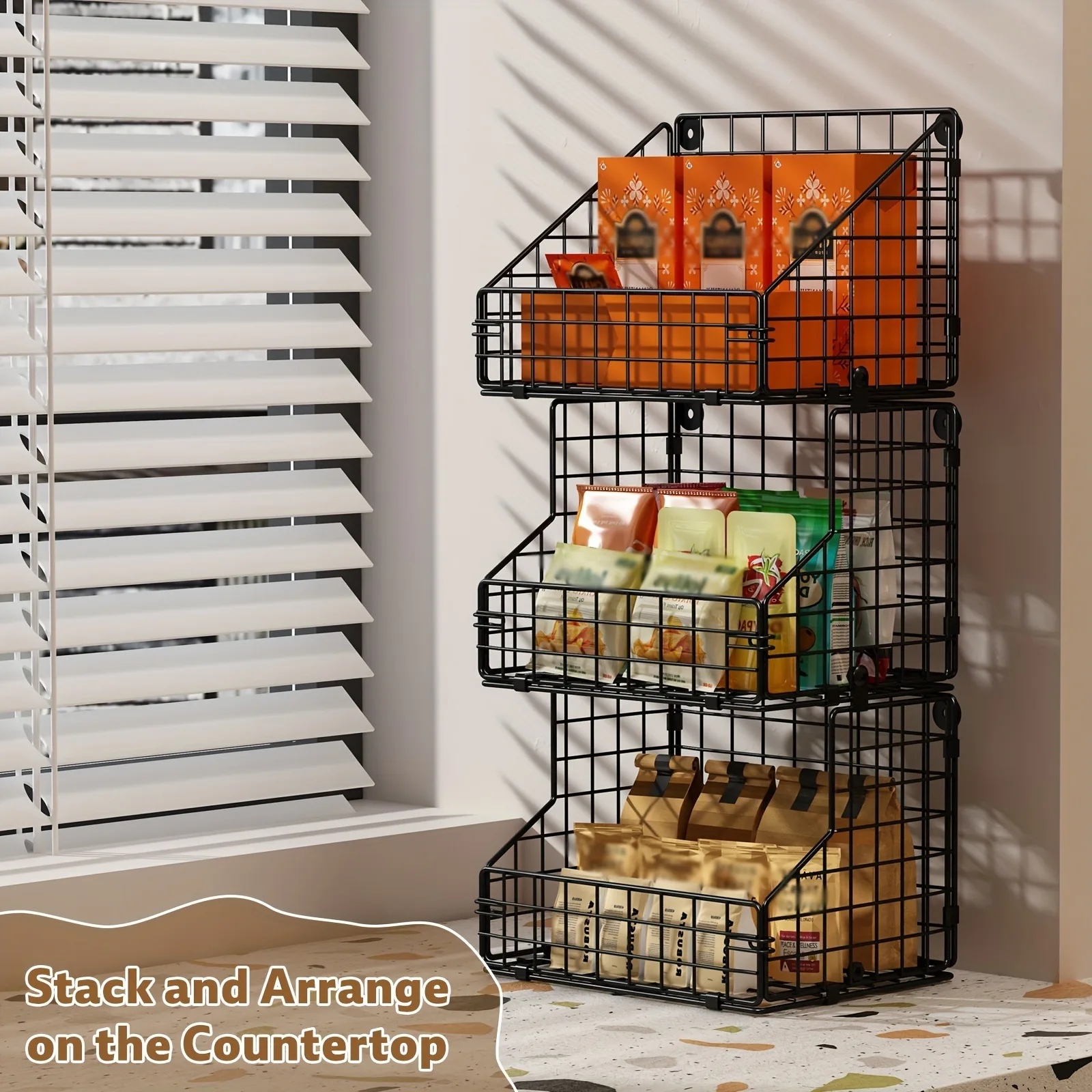 1PC-3-Tier-Stackable-Wire-Basket-with-5-Hooks-Wall-Mount-Snack-Storage ...
