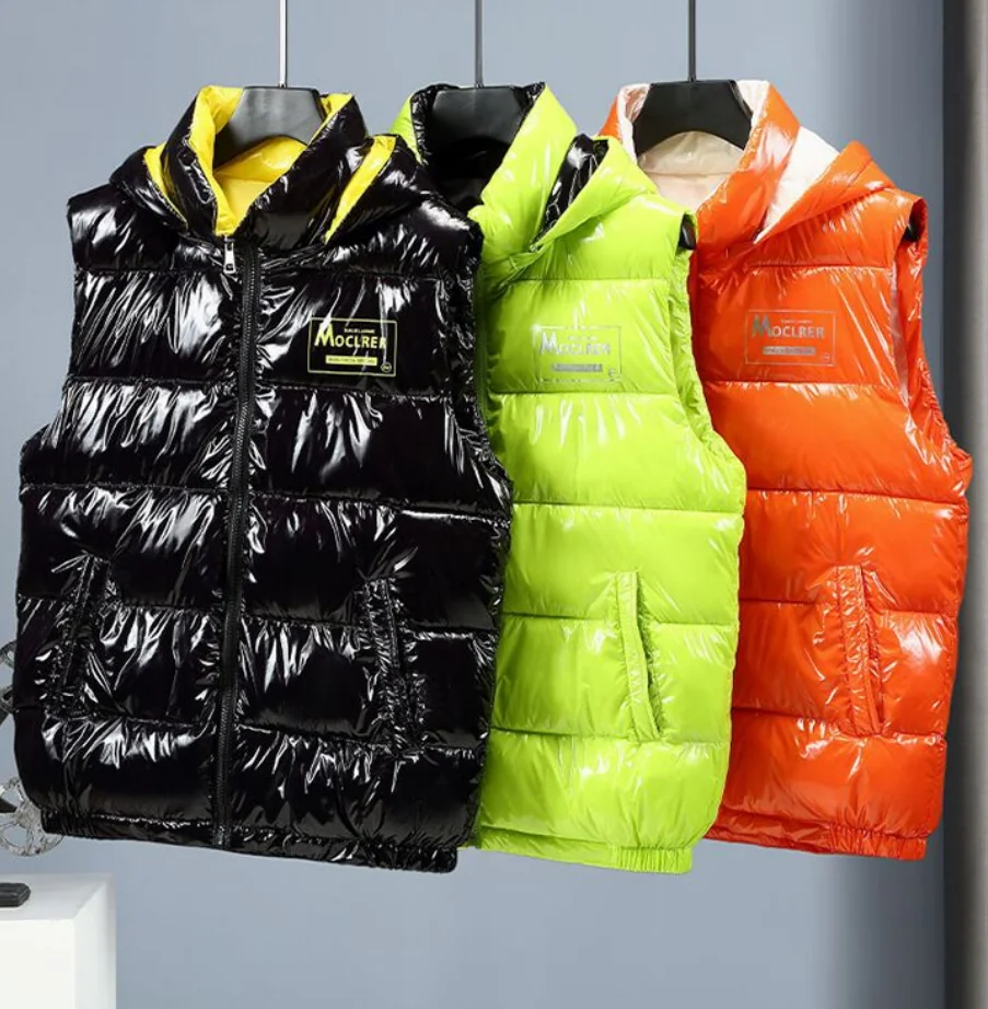 2022 new autumn winter down cotton vest men and women casual bright face trend with hood vest ...