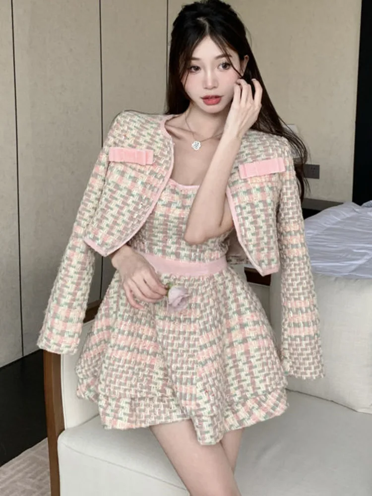 High Quality Small Fragrance Tweed Two Piece Set Women Short Jacket Coat + Sexy Dress Set Korean ...