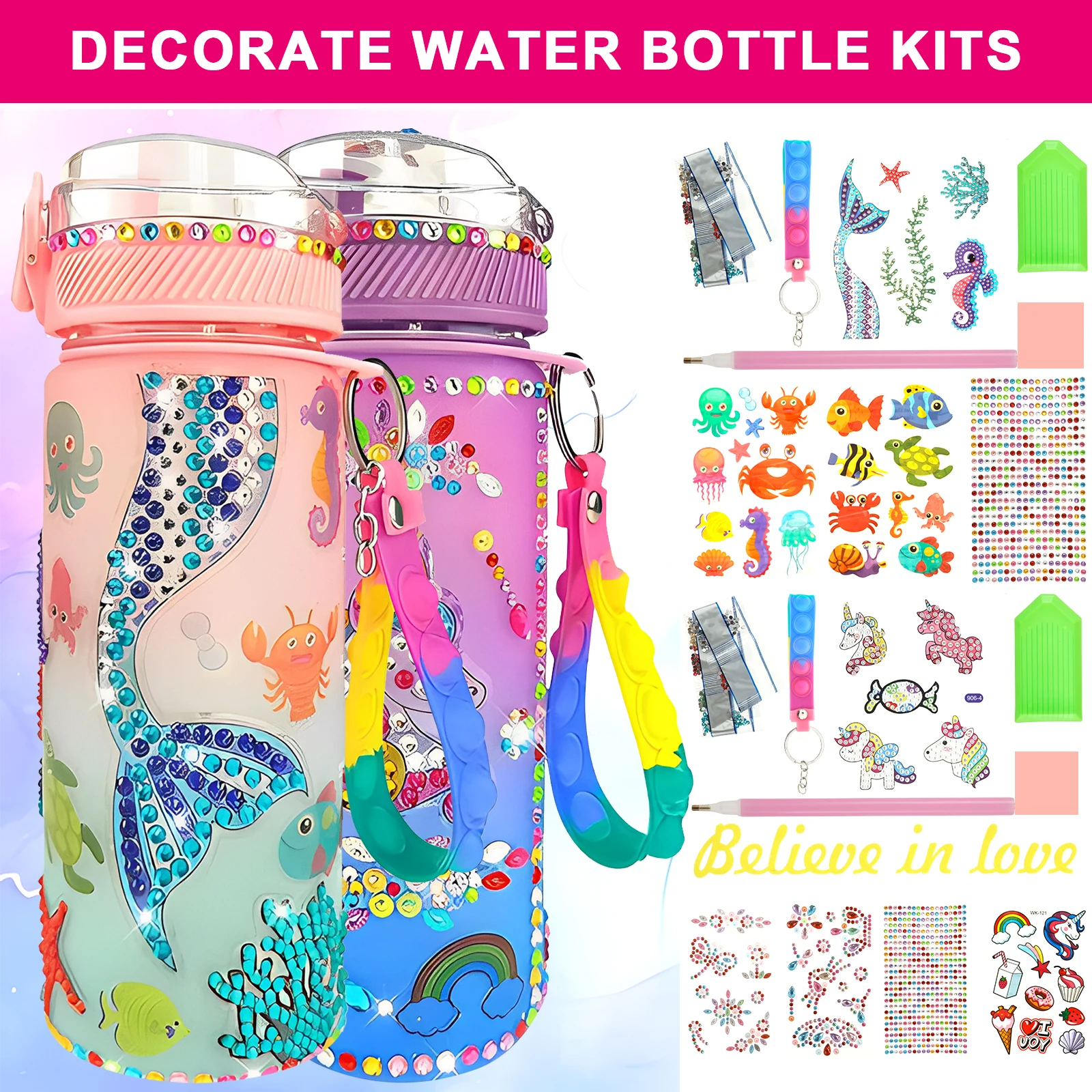 Water Bottle Kits Pretty Colorful Kids Water Bottle Gifts Safe Mermaid ...