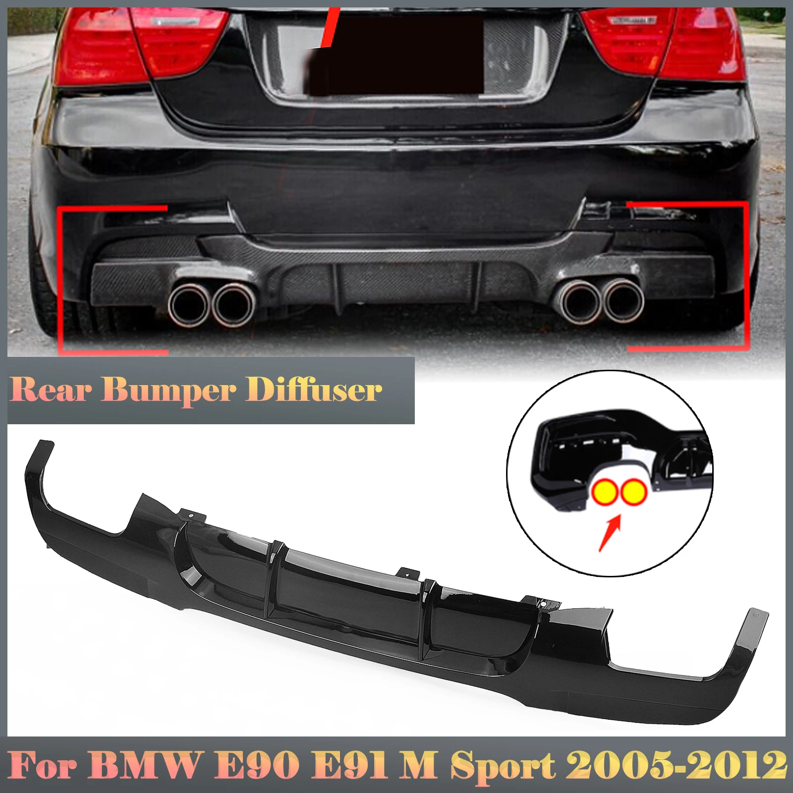 Glossy-Black-Car-Rear-Bumper-Diffuser-Lip-Quad-Exhaust-Boot-Splitter ...