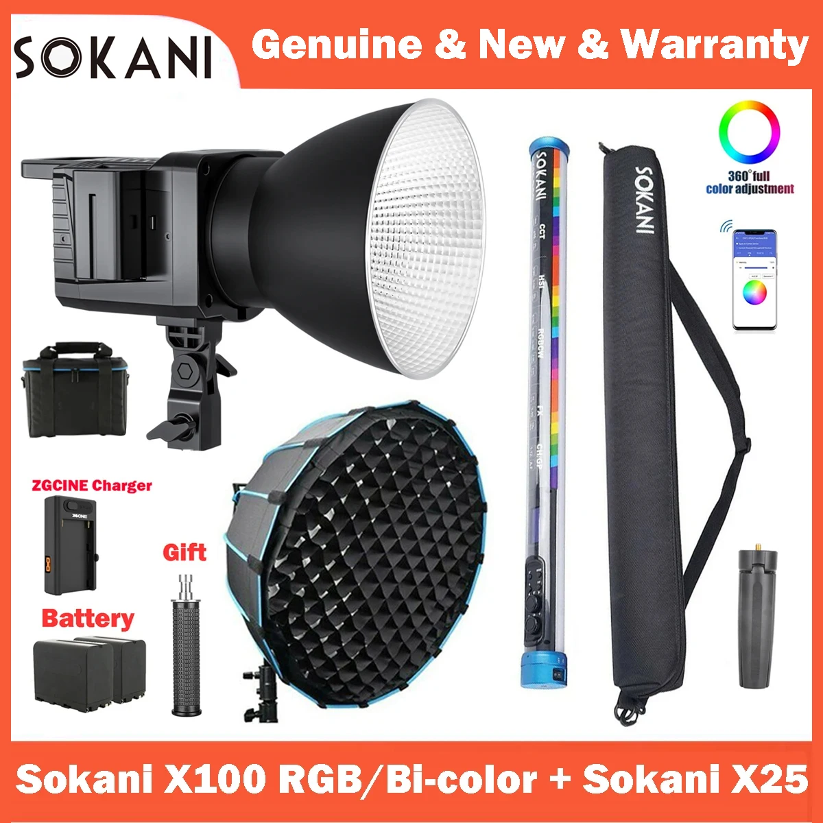 Sokani X100 X25 Bi-Color RGB LED Video Light Handheld Tube Wand Stick ...