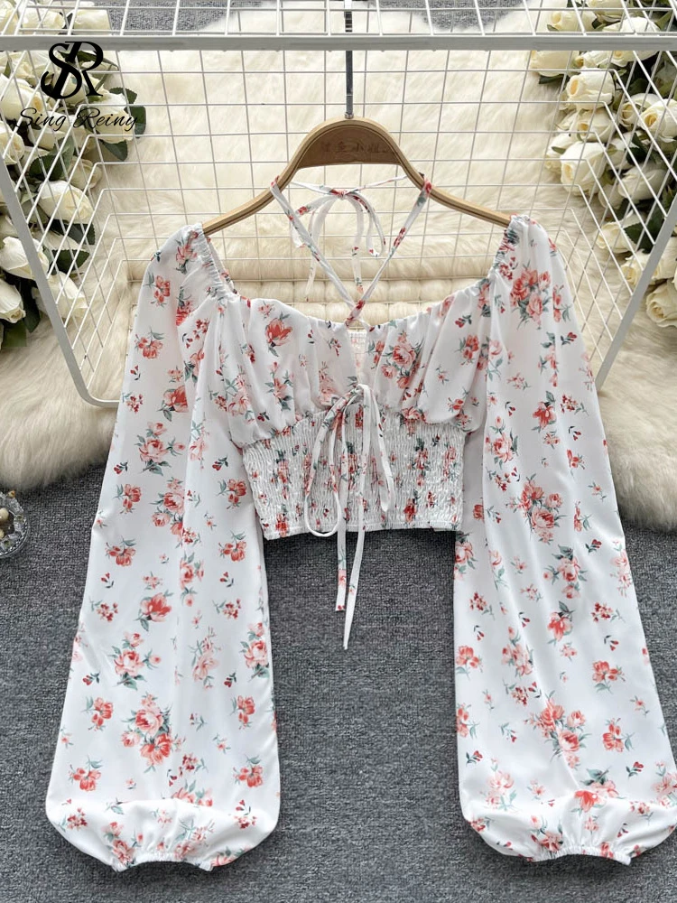 Singreiny Summer French Style Print Short Blouse 2023 Long Sleeves