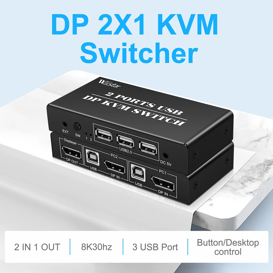 8K Dual port DP USB KVM 2x1 Displayport KVM Switch 2 em 1 saída 4K 60Hz ...