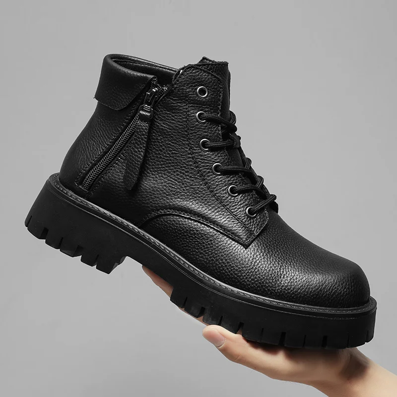 Thick-Bottom-Mens-Black-High-Top-Shoes-Genuine-Leather-Ankle-Boots-for ...