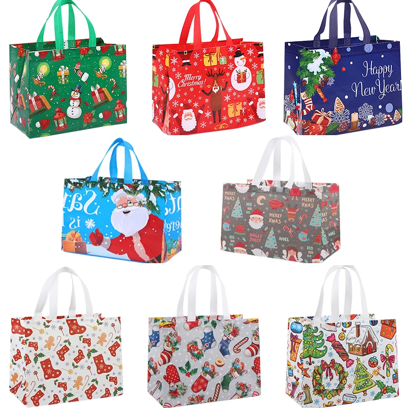4/8pcs Christmas Tote Bags with Handles Xmas Non-Woven Gifts Bags Santa ...