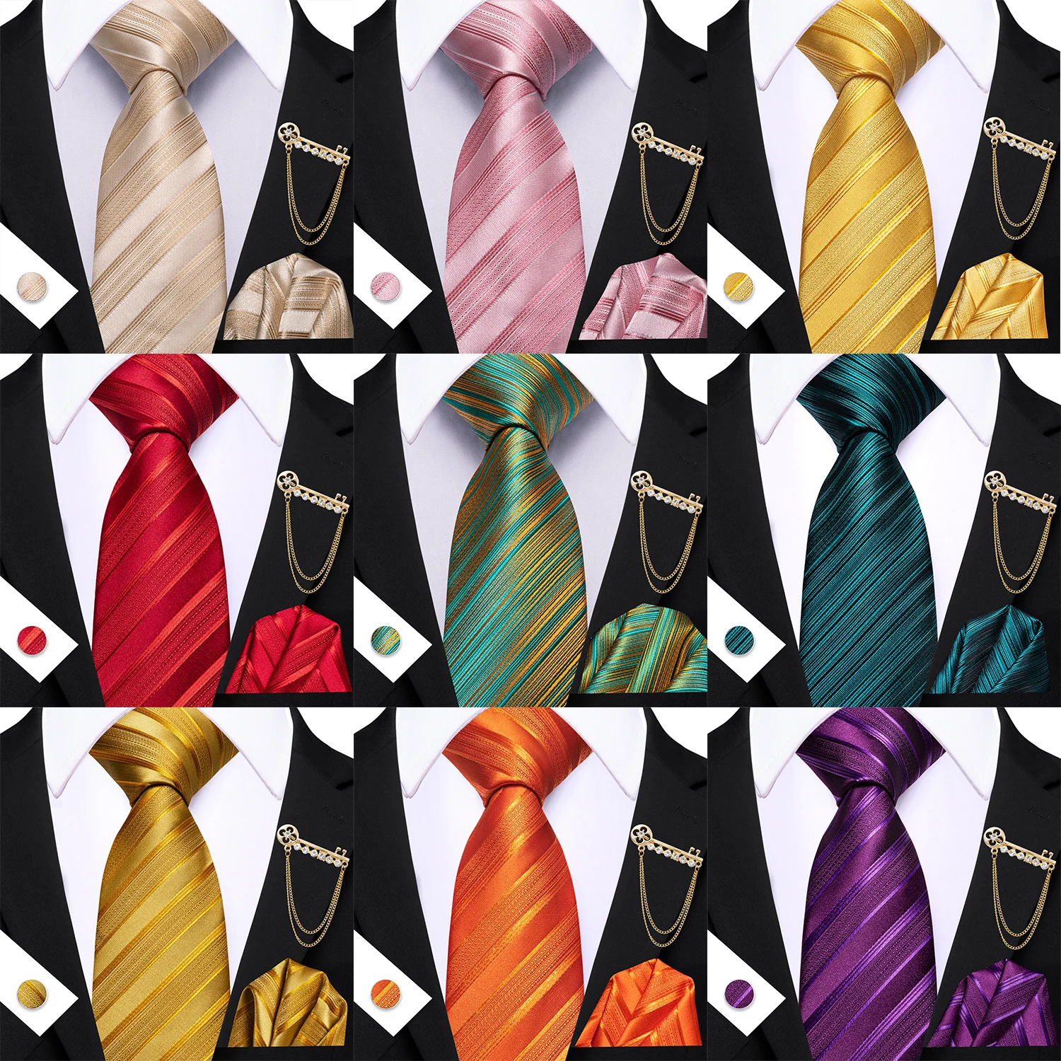 Barry.Wang Striped Teal Yellow Orange Purple Tie Men Ties Pocket Sqaure ...