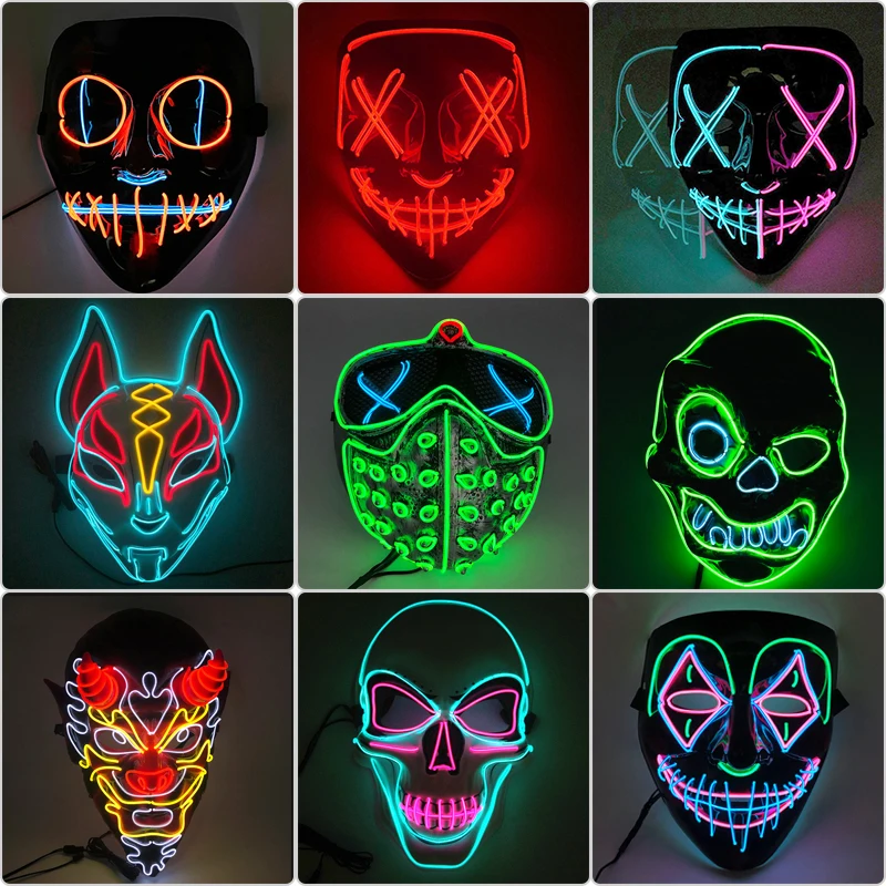 Masque de fête d'halloween au néon LED, film animé Cosplay, Purge ...