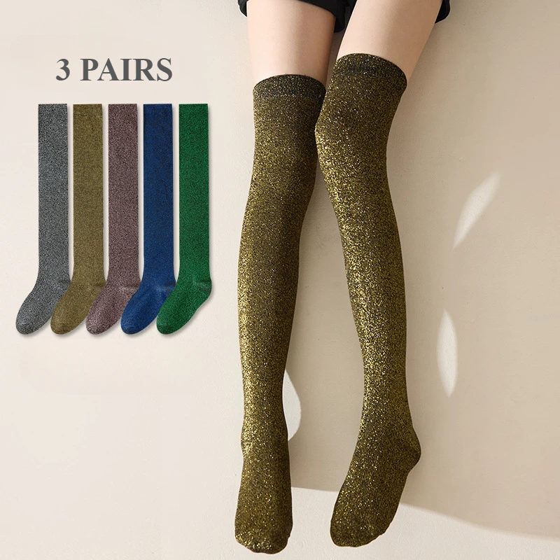 3 Pairs Shiny Glitter Over Knee High Socks Women Gold Silver Long Socks ...