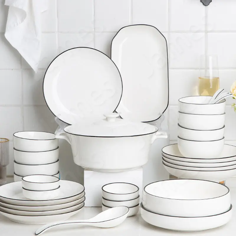 Simple-Solid-Color-Plate-Nordic-Black-Line-Ceramic-Dinner-Plates-Steak ...