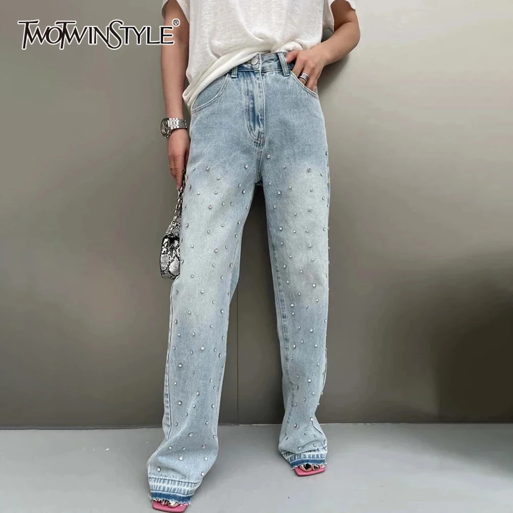 TWOTWINSTYLE-Spliced-Diamonds-Jeans-For-Women-High-Waist-Casual-Loose ...