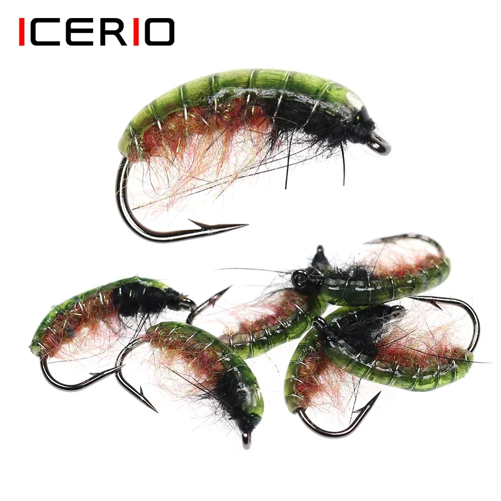 ICERIO 6PCS UV Green Back Nymphs Scud Bug Worm Flies with Barbed Hook ...