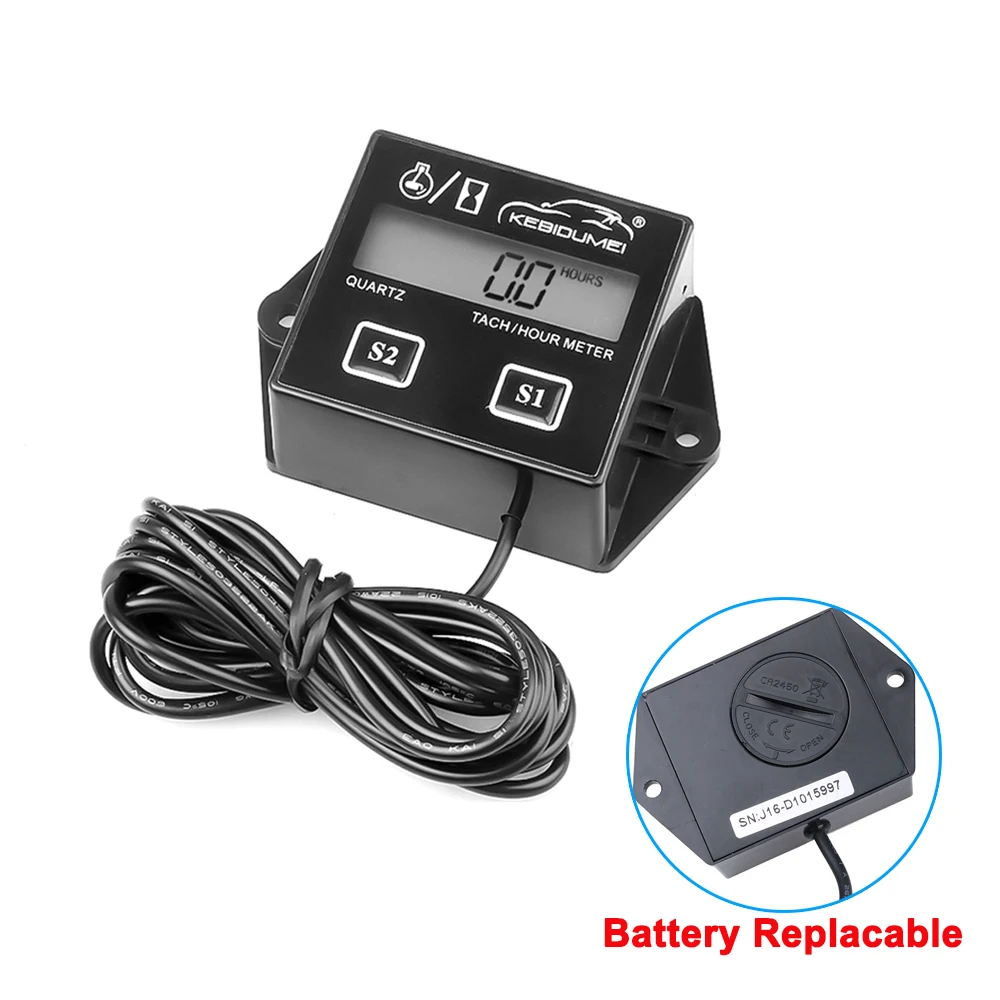Digital Tachometer Engine Tach Hour Meter Gauge Inductive Battery ...