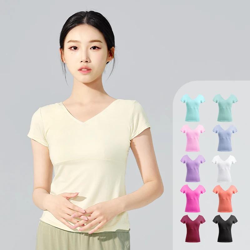 Adult Women Ballet Dance Tops V-neck T-Shirt Short Sleeve Ballet Crop ...