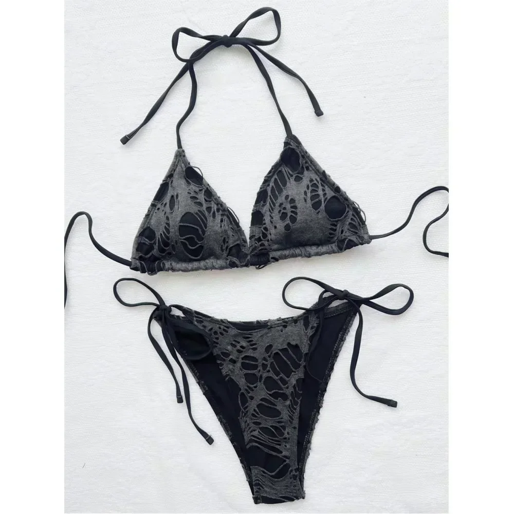 Gothic Grunge Swimsuit Distressed Micro Bikini Y2K Bathing Suits Halter ...