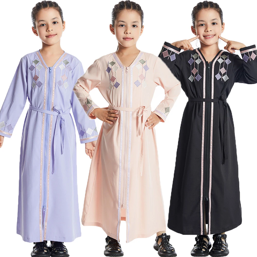 New-Muslim-Kids-Girls-Zipper-Front-Open-Abaya-Morocco-Kaftan-Islamic ...