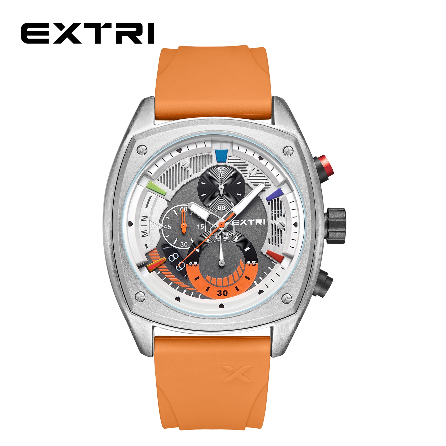Extri-reloj-deportivo-de-silicona-para-hombre-cron-grafo-con-correa-naranja-nica-caja-plateada ...