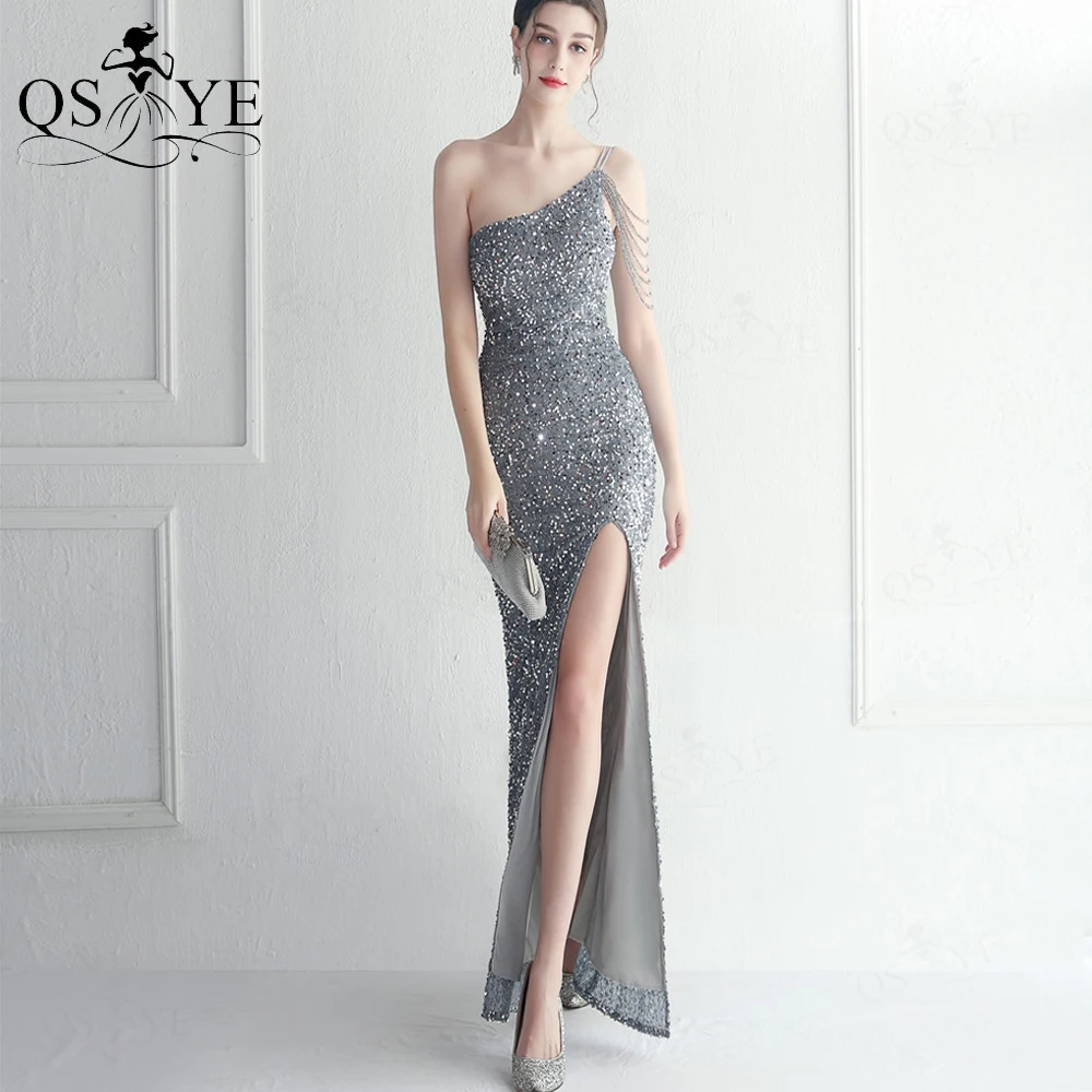 One-Shoulder-Gray-Evening-Dresses-Beading-Strings-Glitter-Long-Sequin ...