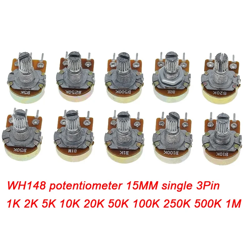 5Pcs-WH148-Potentiometer-15MM-Shaft-with-Nut-Washer-Single-3Pin-1K-10K ...