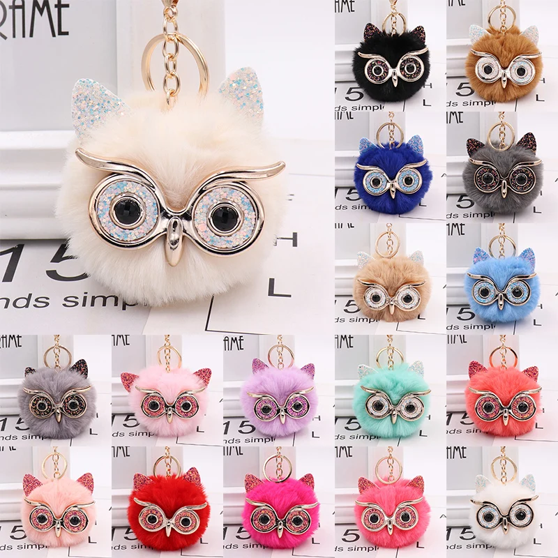 Cute-Owl-Keychain-Artificial-Rabbit-Hairy-Pom-pom-Key-Ring-Women-Bag ...