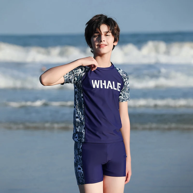 Teenager-Boy-Swimwear-Two-Pieces-Suit-Short-Sleeves-Blue-Letter-Print ...