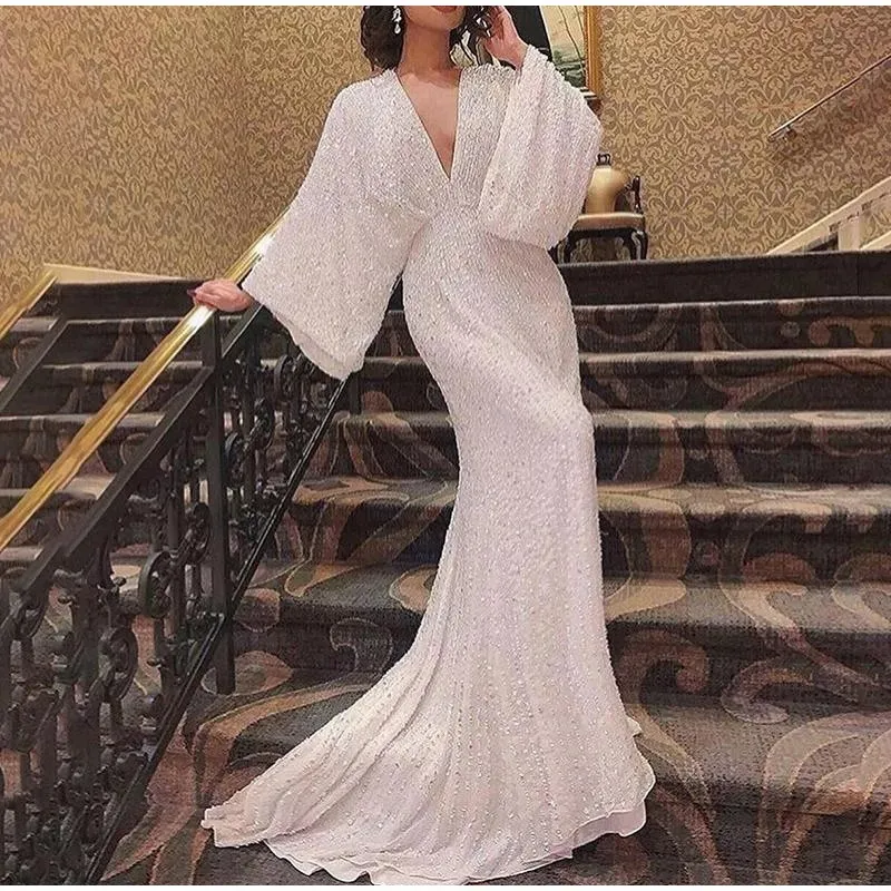 Elegant Sequin Deep V Long Sleeve Maxi Dress Fashion High Waisted ...