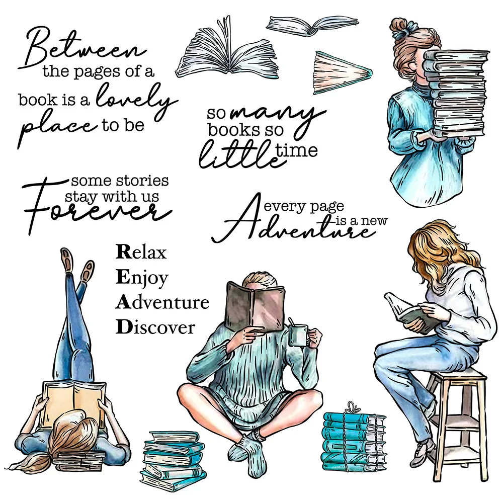 Mangocraft-Holiday-Reading-Books-Girl-Metal-Cutting-Dies-Clear-Stamps ...