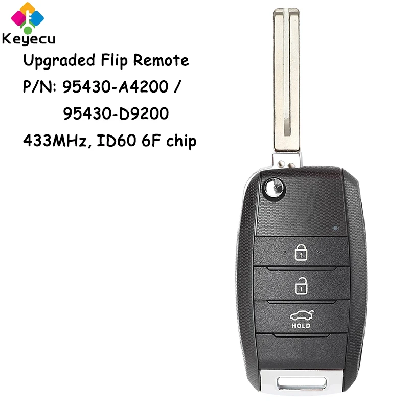 KEYECU Upgraded Flip Remote Car Key With 3 Buttons 433MHz ID60 6F Chip ...