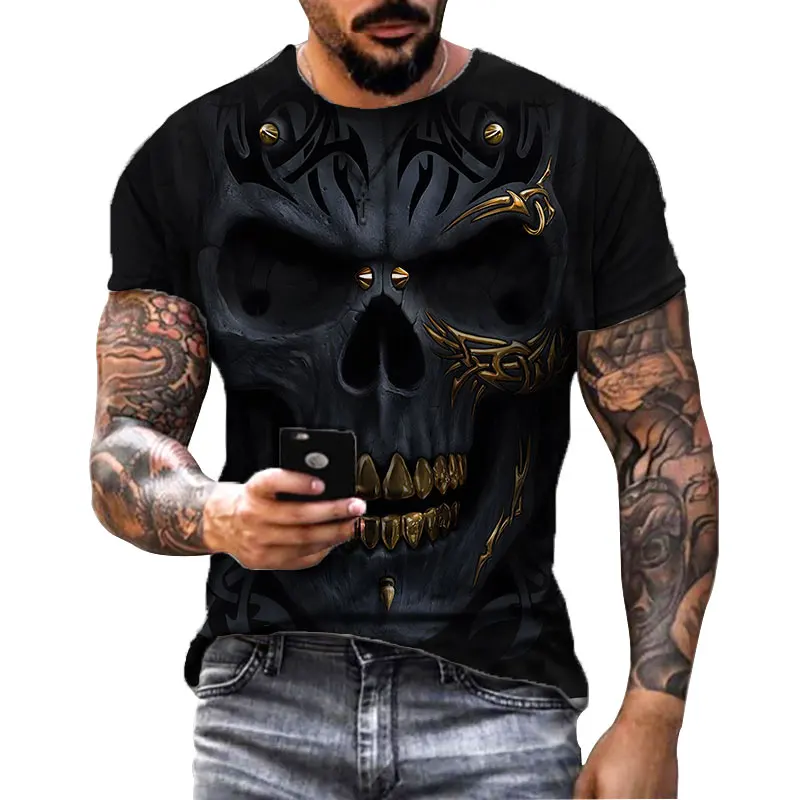 Men-s-Black-Skull-T-Shirts-Punk-Skeleton-O-Neck-T-shirt-Rock-Streetwear ...