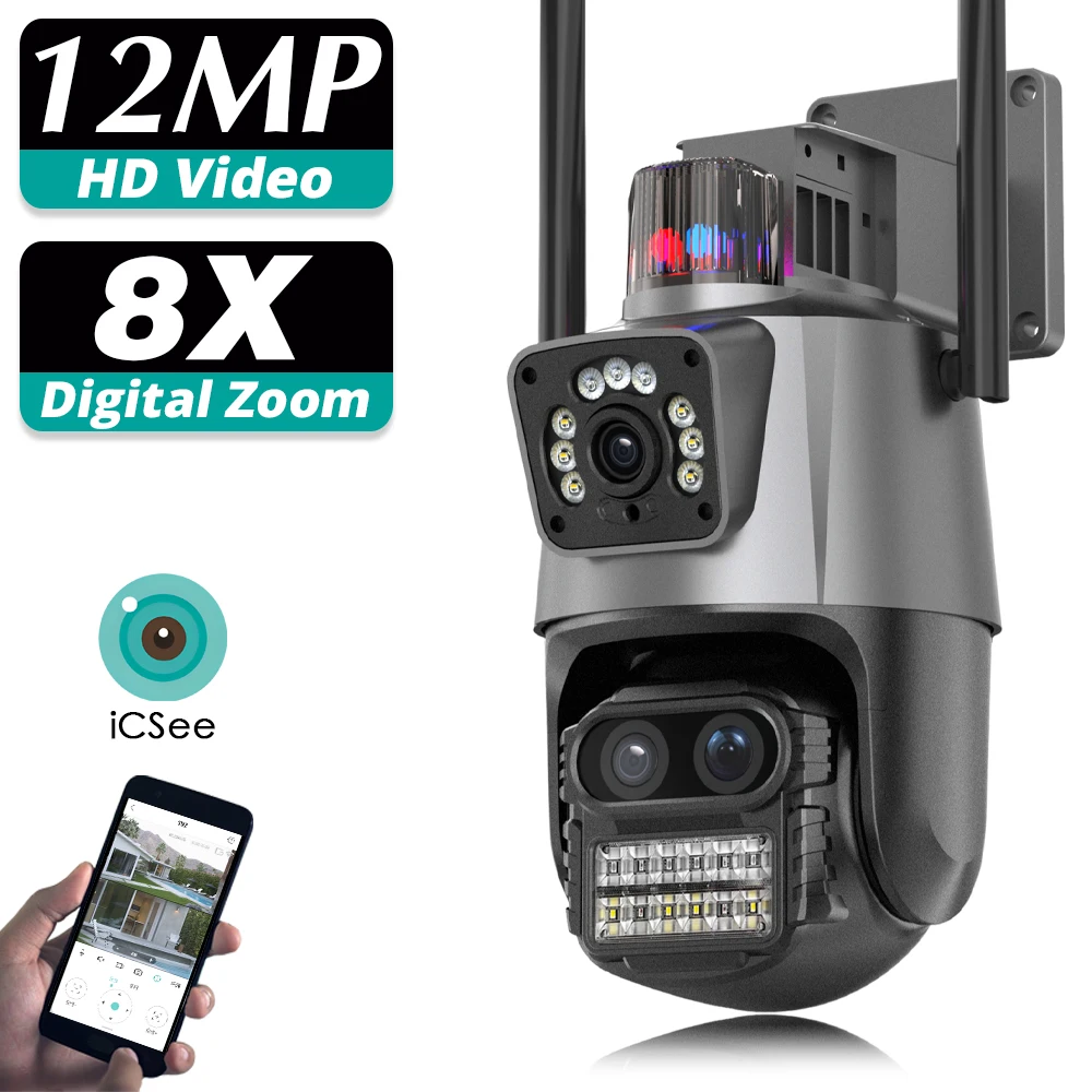 Outdoor Wireless 6K 12MP WiFi Security Camera ICSee Smart Three Lens 8X ...