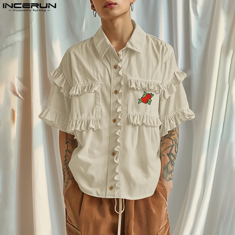 INCERUN-Men-Shirt-Ruffle-Flower-Embroidery-Lapel-Short-Sleeve-Summer ...