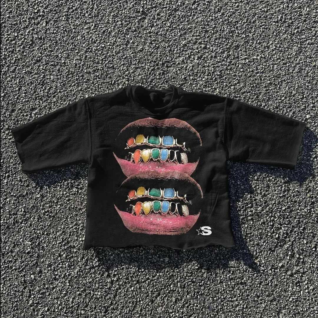 Streetwear-New-T-Shirt-Y2K-Harajuku-Hip-Hop-Teeth-Graphic-Print ...