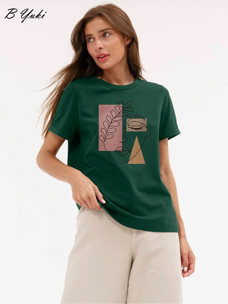 Blessyuki Elegant Soft Basic T Shirts for Women Summer Loose 100% Cotton Printed Tees Female ...