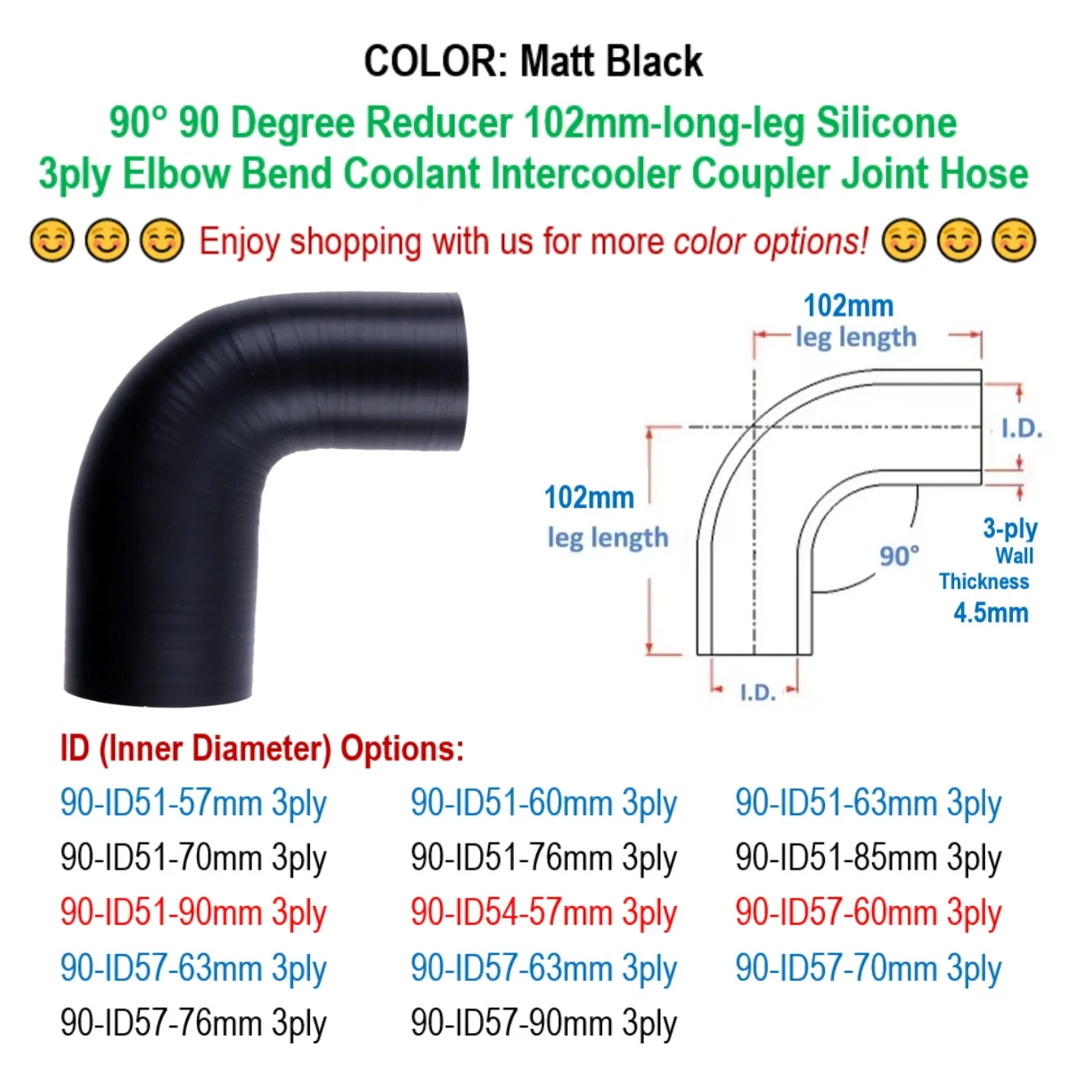 Matt Black 90° degree Reducer Elbow Hose ID 51 54 57 60 63 64 70 76 85 ...