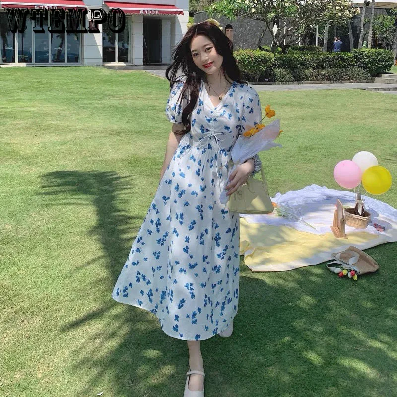 Milk-Blue-Floral-Dress-Summer-Sweet-French-Waist-Korean-Printing-Mid ...