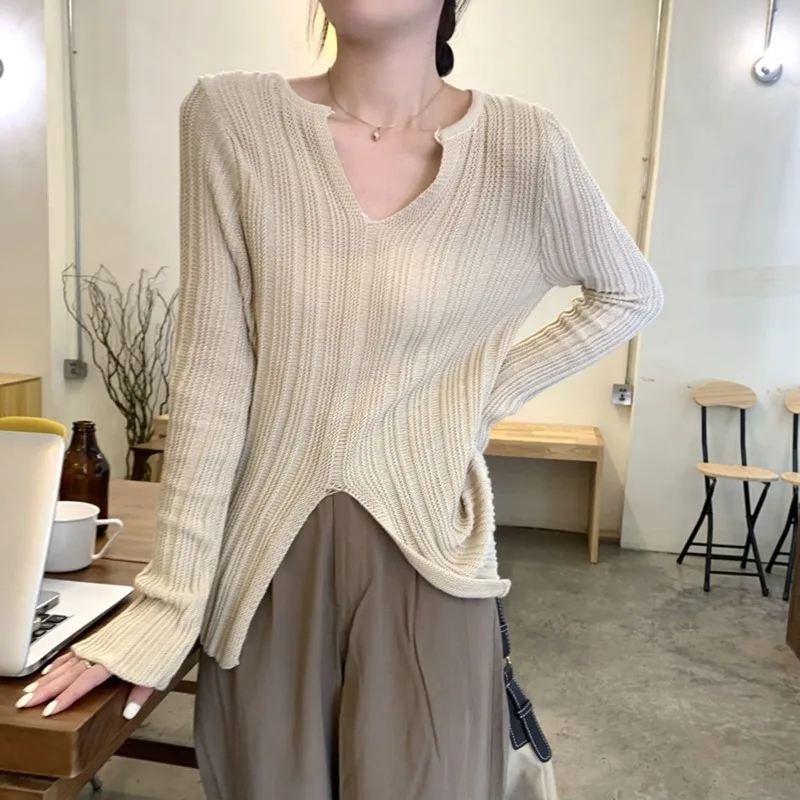 Screw-Thread-Solid-Color-V-Neck-Pullover-Sweater-Knitted-Long-Sleeve ...