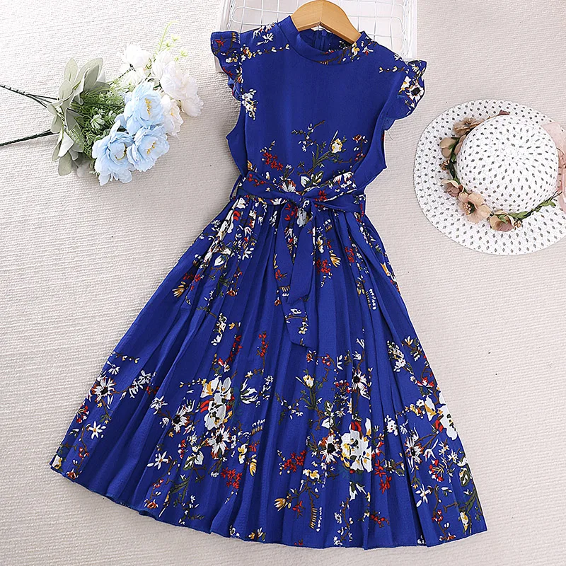 Dress-Kids-Girls-5-12-Years-Blue-Sleeveless-Printed-Pleated-Dress-For ...