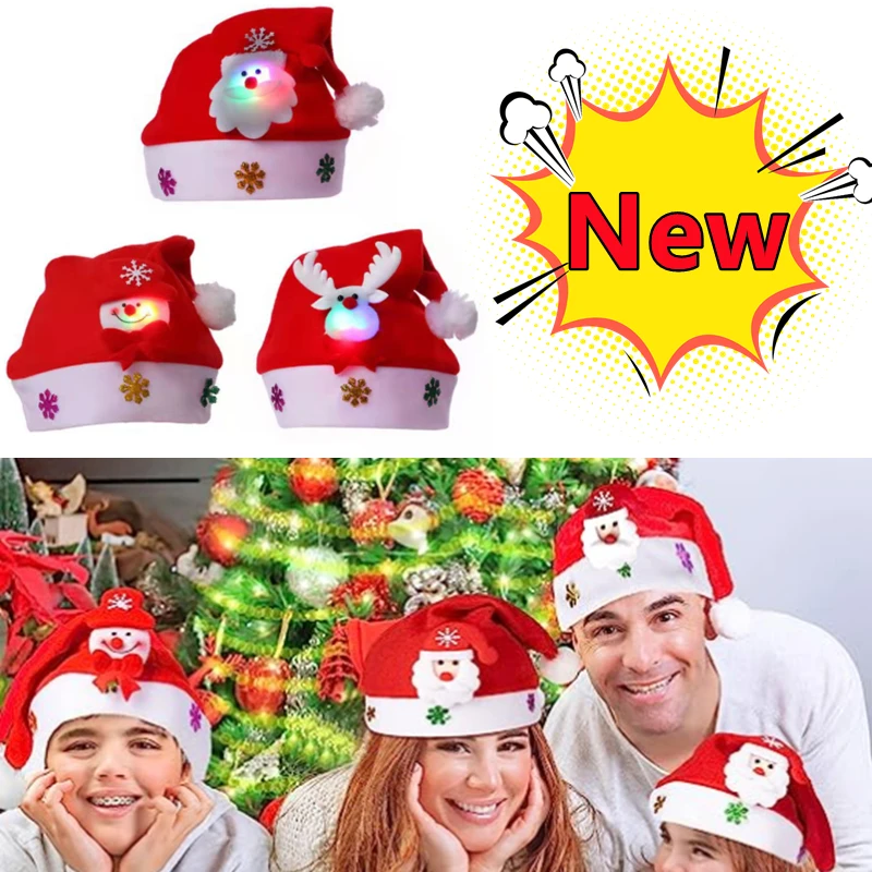 New-LED-Christmas-Hats-Light-Up-Cap-Santa-Claus-Hat-Snowman-Elk-Xmas ...