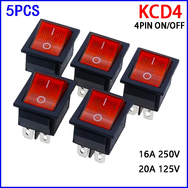 5pcs-2-Position-Red-Light-Rocker-Switch-16A-250V-KCD4-20-4-Pin-ON-OFF ...