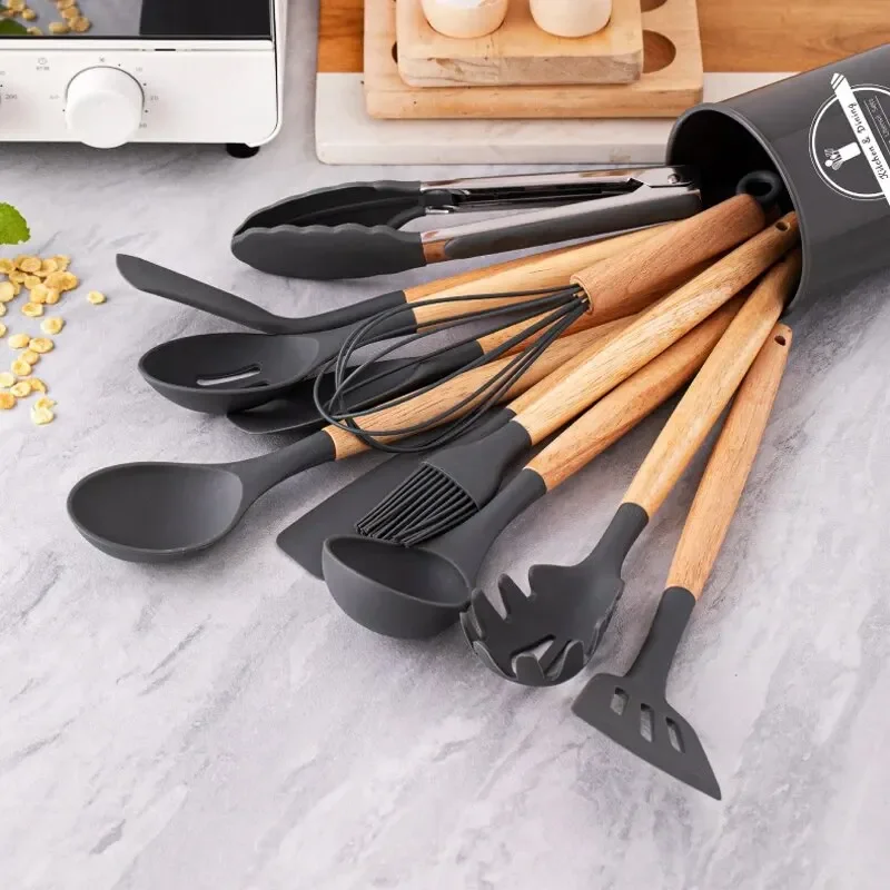 Kitchen-Wood-Handle-Silicone-Utensils-Set-Non-Stick-Cookware-High ...
