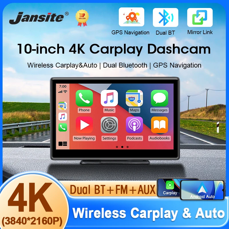Jansite 4K DVR 대시캠 무선 카플레이, 안드로이드 자동 스마트 카플레이 화면, AUX FM 블루투스 듀얼 렌즈, 운전 ...