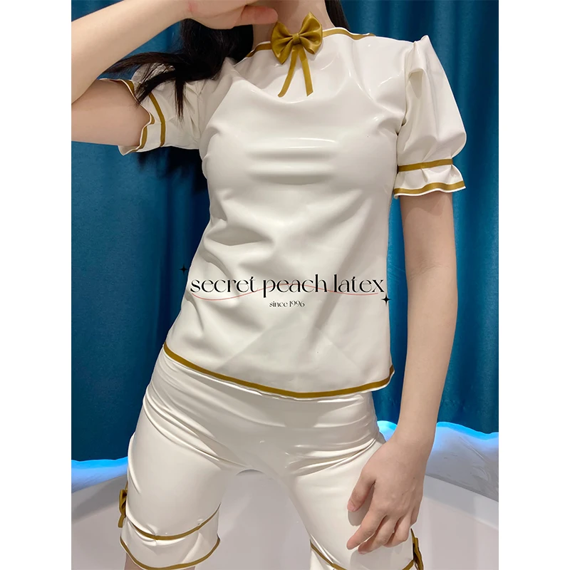 Latex Fetish Pajama Suit with Bow Lovely Girl Rubber Suit Puff Sleeve ...