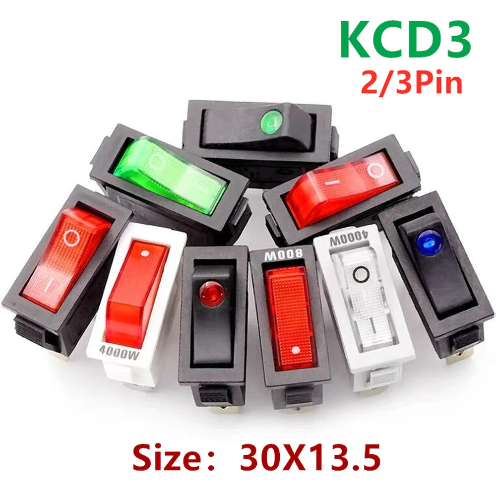 5 pcs/lot KCD3 With Light Power Switch 10A 250V AC 15A 125V AC 2/3 Pin ...