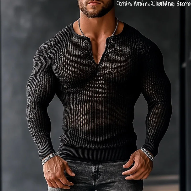 Casual Transparent Mesh Long Sleeve Shirt New Sexy Perspective Men Long ...